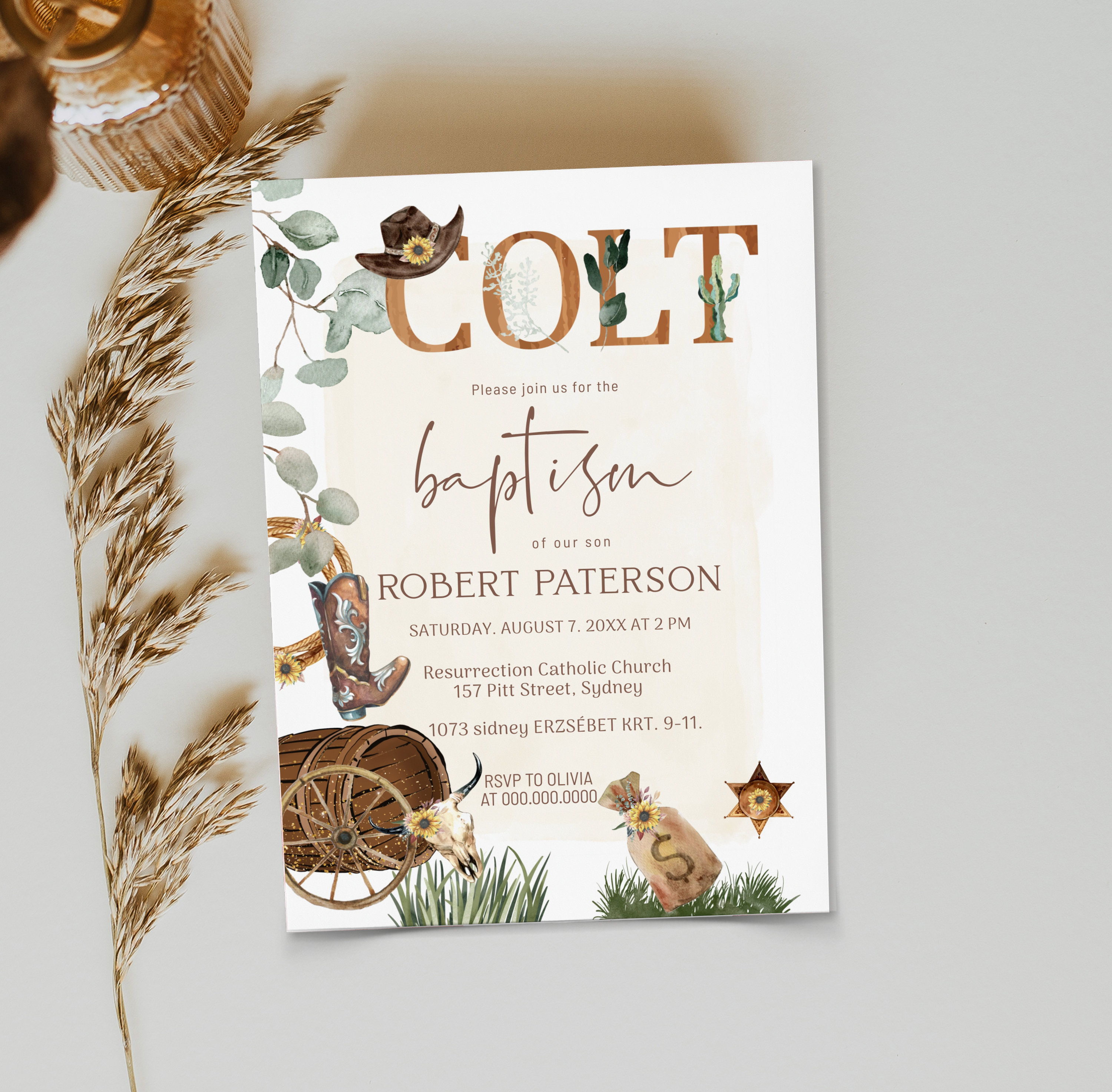 Cowboy Baptism Invitation Template, Boy Boho Baptism Invites, Cowboy ...