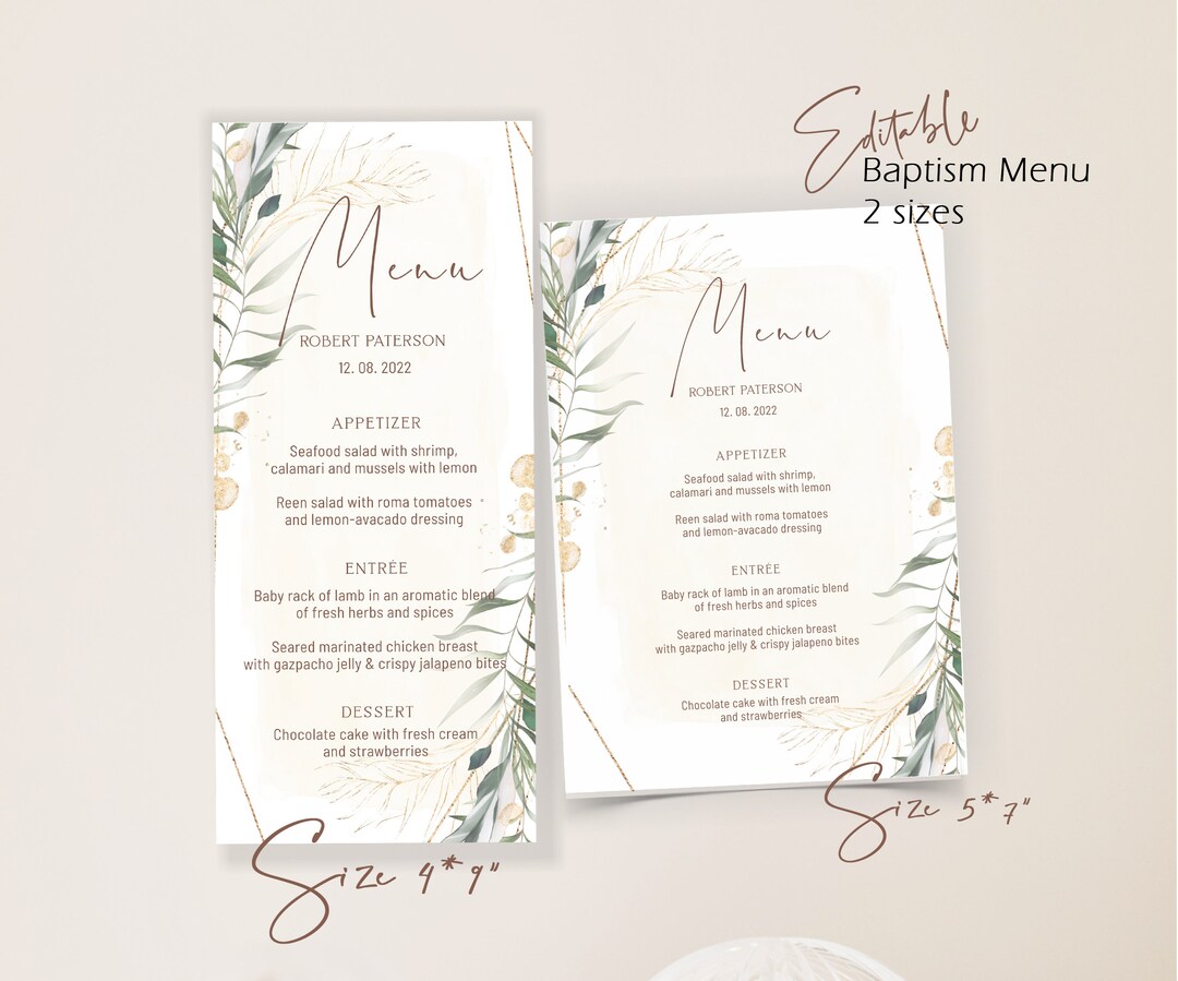Greenery Baptism Menu Card Template, Christening Menu Card, Printable ...
