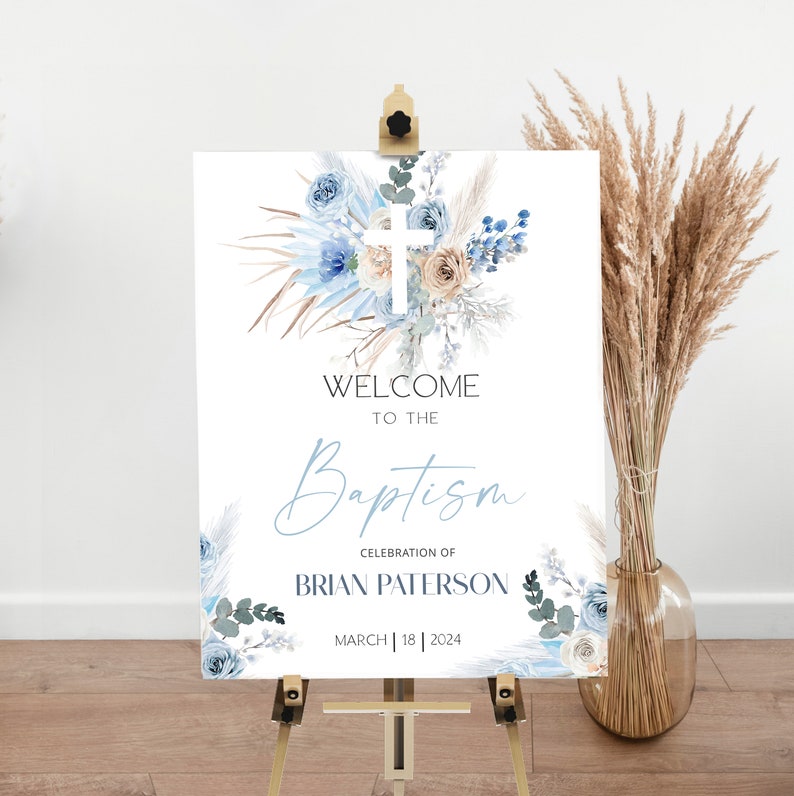 Pampas Gras Baptism Welcome Sign Template, Printable Blue Boho Welcome ...