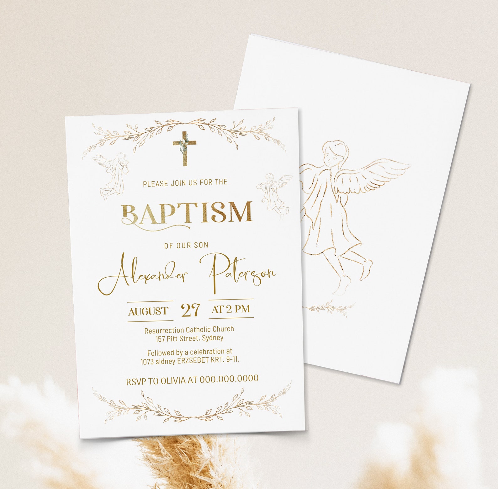 Elegant Gold Baptism Invitation, Angel Baptism Template, Modern Gender ...