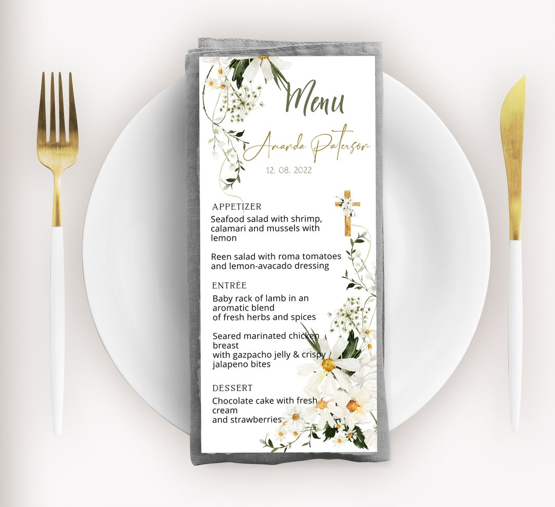 Daisy Menu Template, Wildflower Christening Menu Card, Printable Menu ...