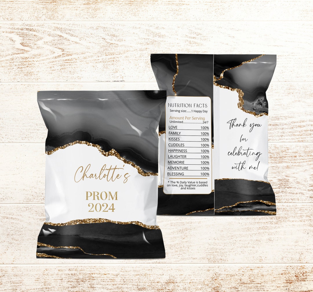 Black Gold Prom Party Favor, Prom Chip Bag Template, Graduation Wrapper ...