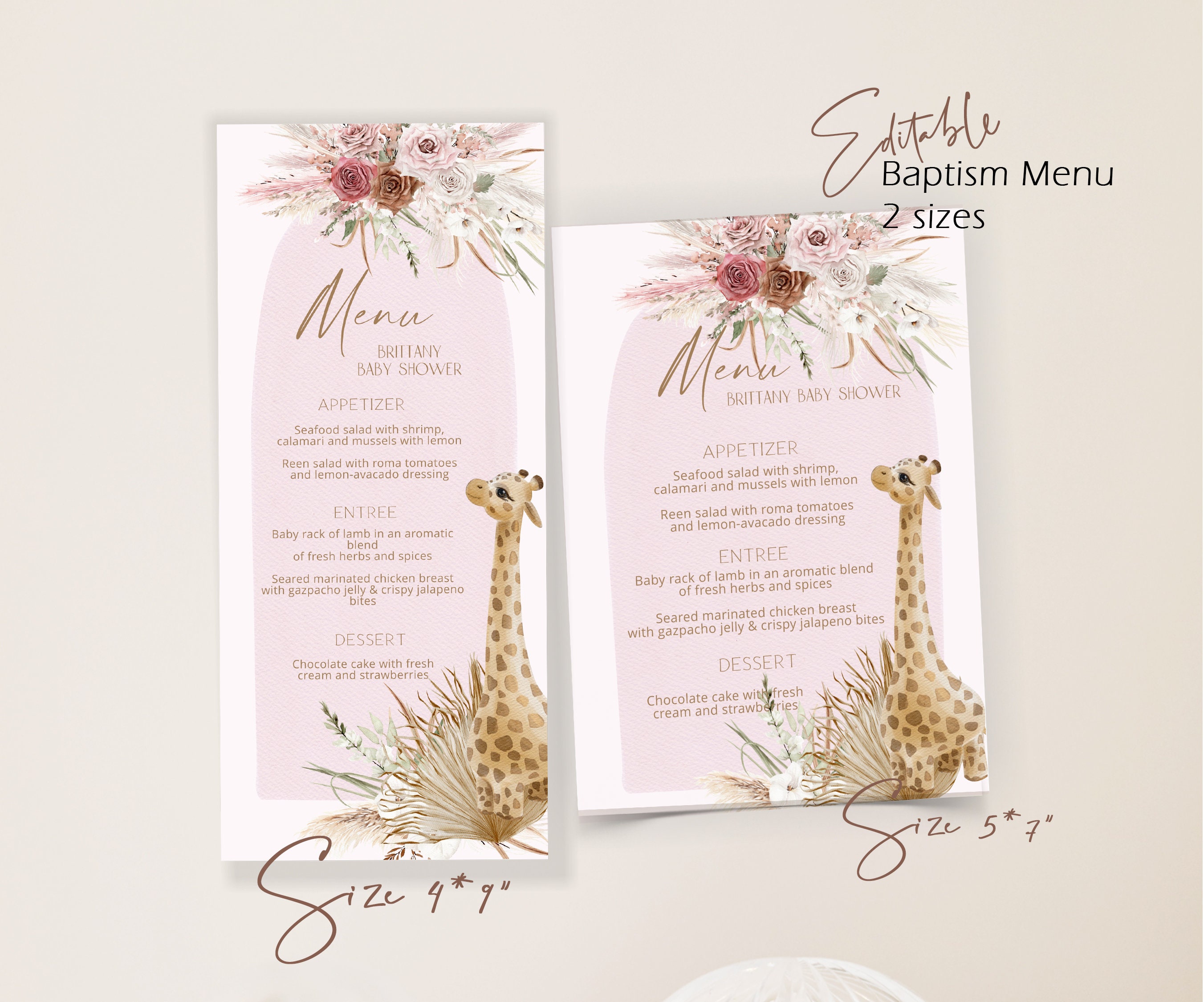 Pink Boho Giraffe Menu Template, Boho Safari Menu Card, Printable Girl ...