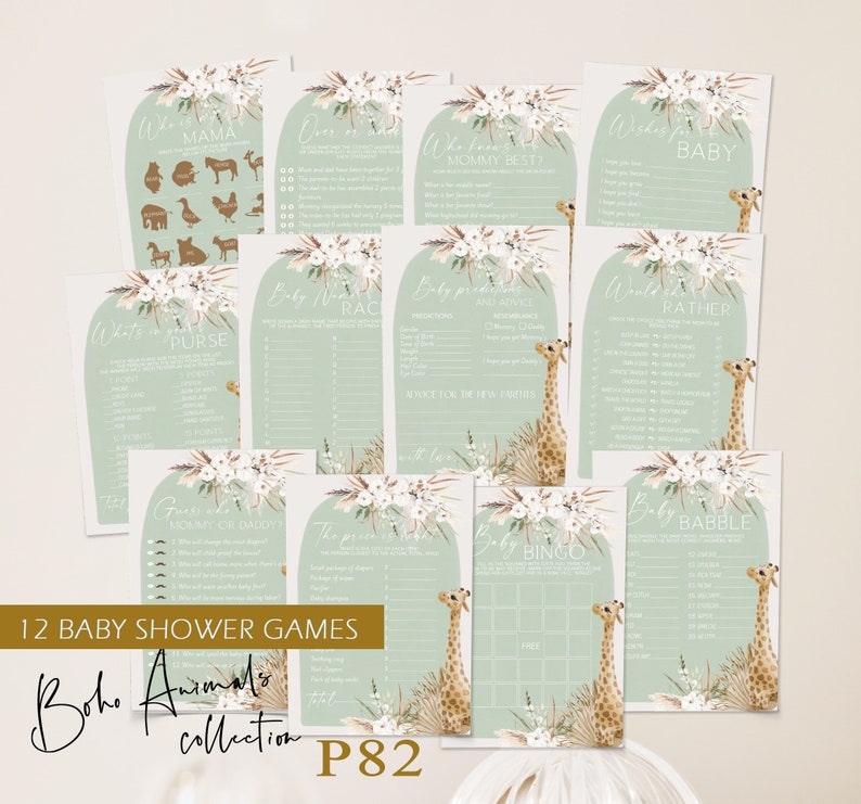 Safari Baby Shower Games Bundle, Boho Giraffe Baby Shower Games Bundle ...