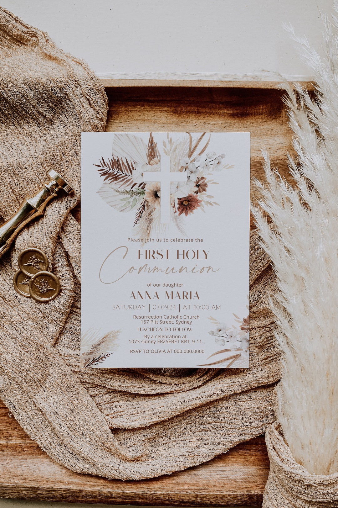 Floral First Holy Communion Invite, Editable Cross Floral Invitation ...