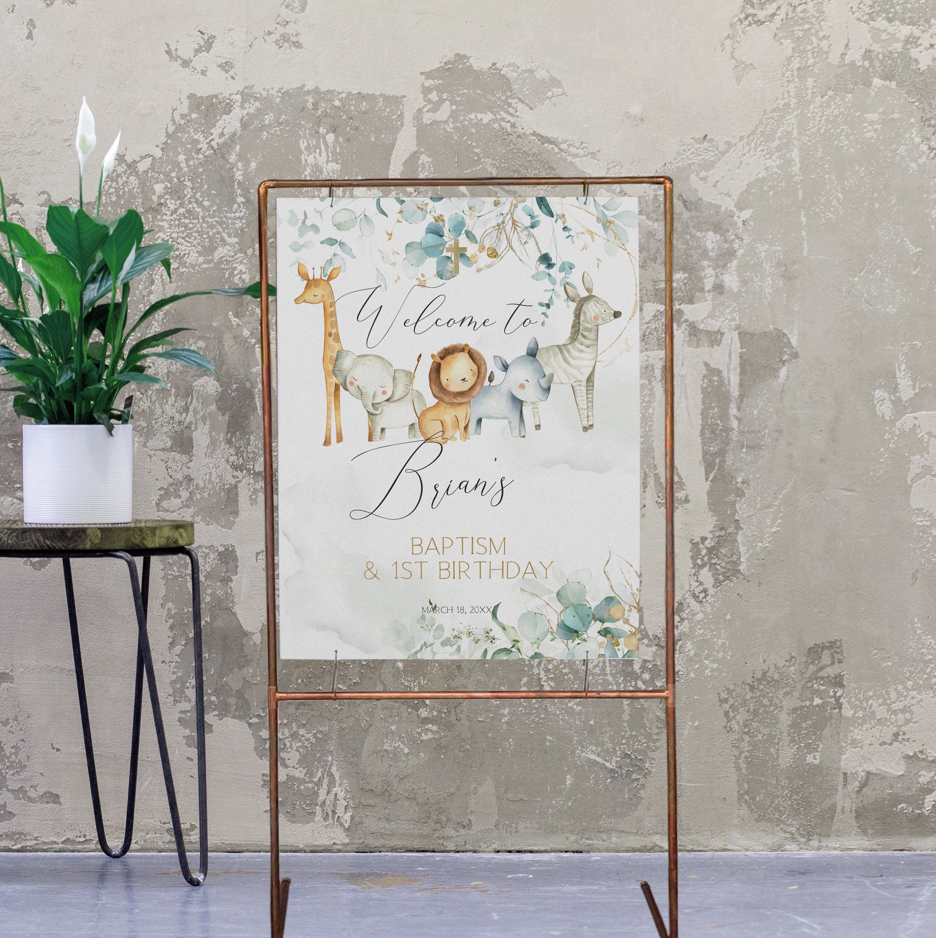 Animals Baptism and 1st Birthday Welcome Sign, Eucalyptus Baptism Sign ...