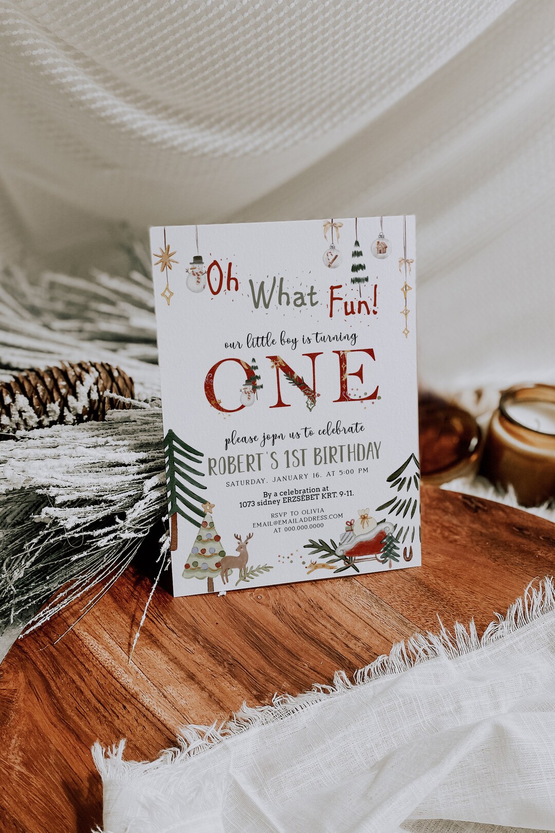 Oh What Fun First Birthday Invite, Winter 1st Birthday Party Invite ...