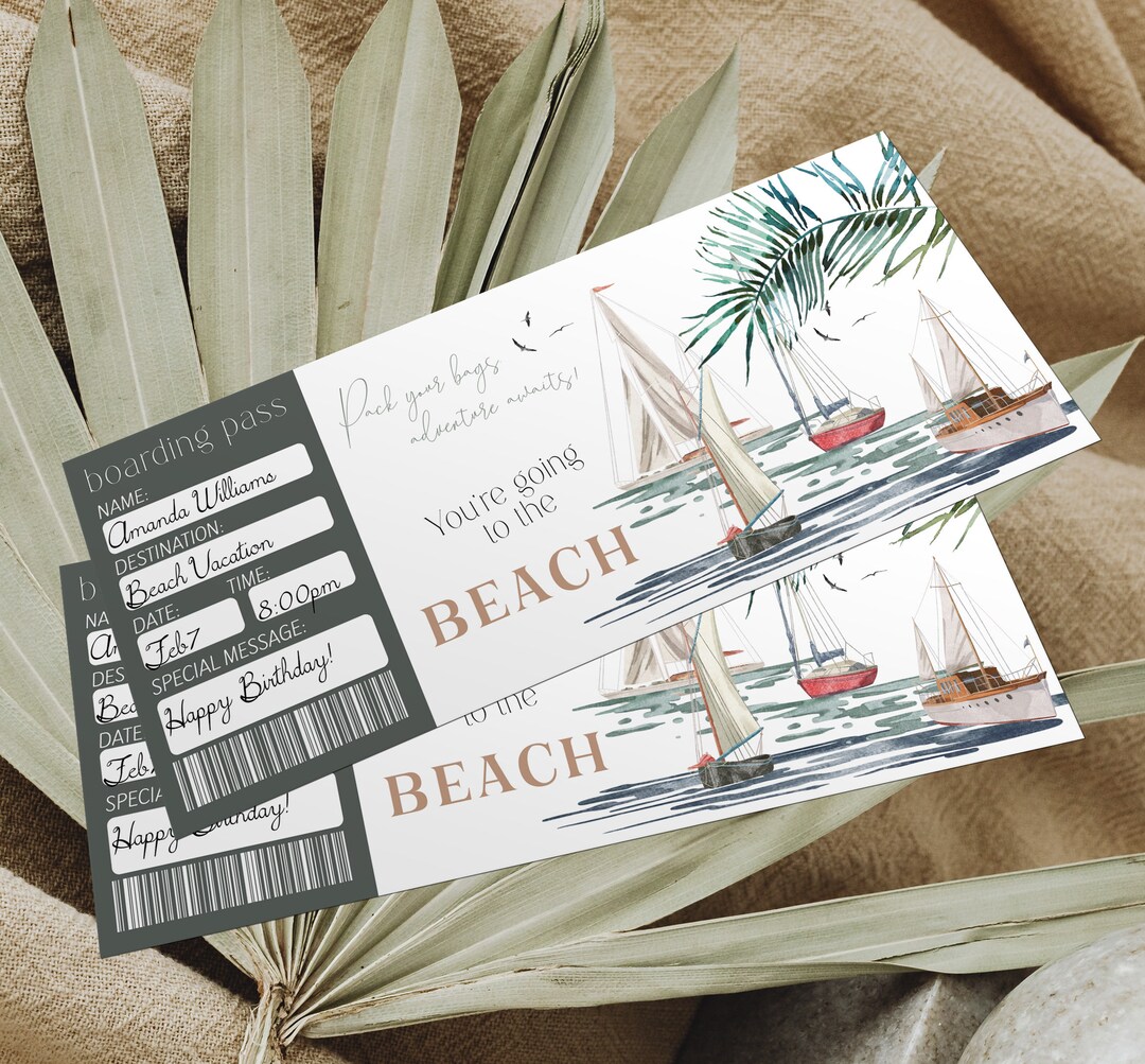 Printable Beach Boarding Pass Surprise Ocean Ticket, Custom Voucher ...
