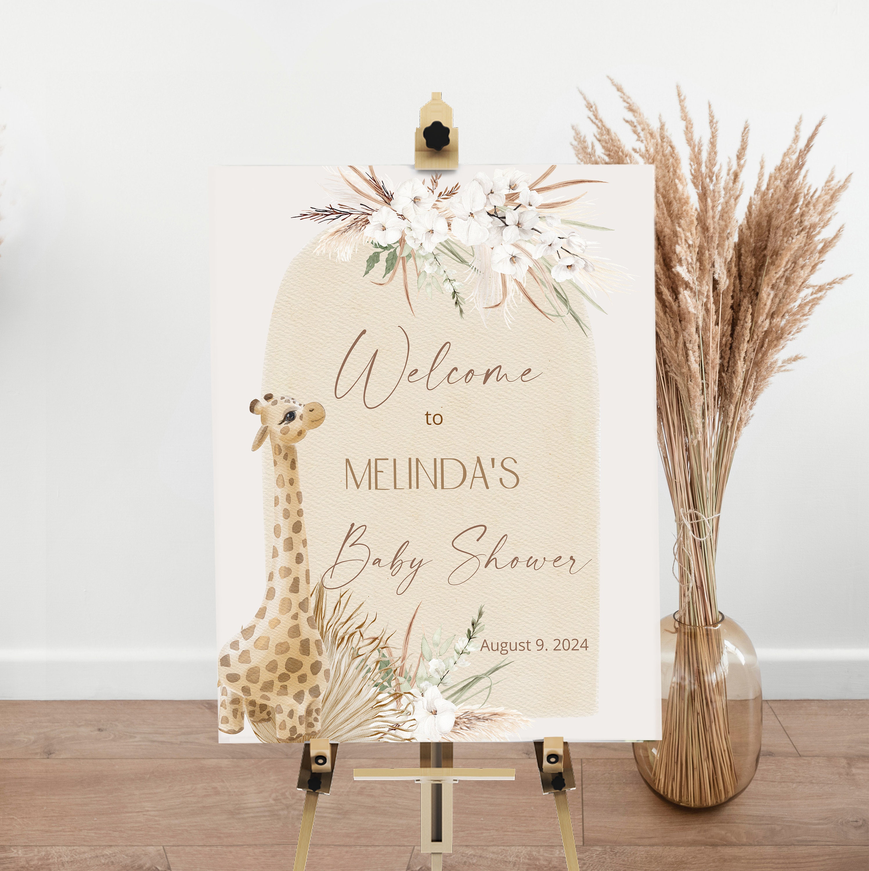 Giraffe Baby Shower Welcome Sign, Boho Baby Shower, Pampas Grass Baby ...