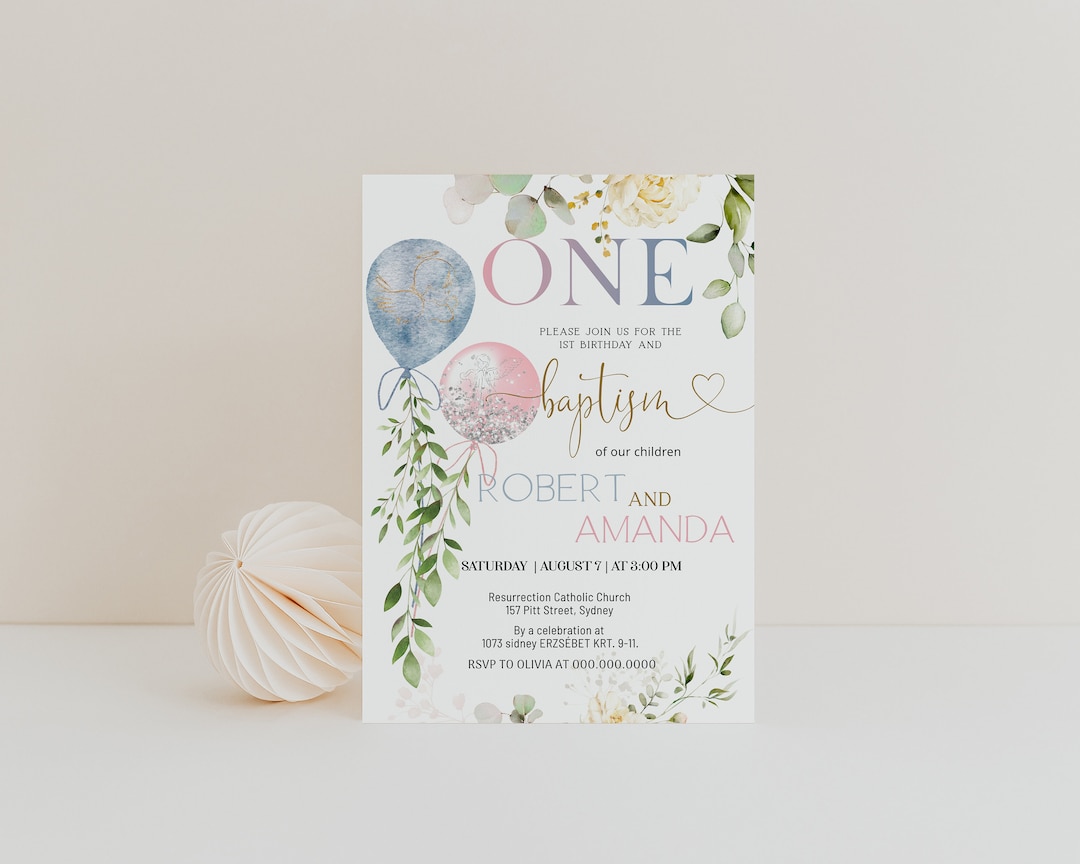 Twins 1st Birthday and Baptism Invitation Template, Twin Girl Boy ...