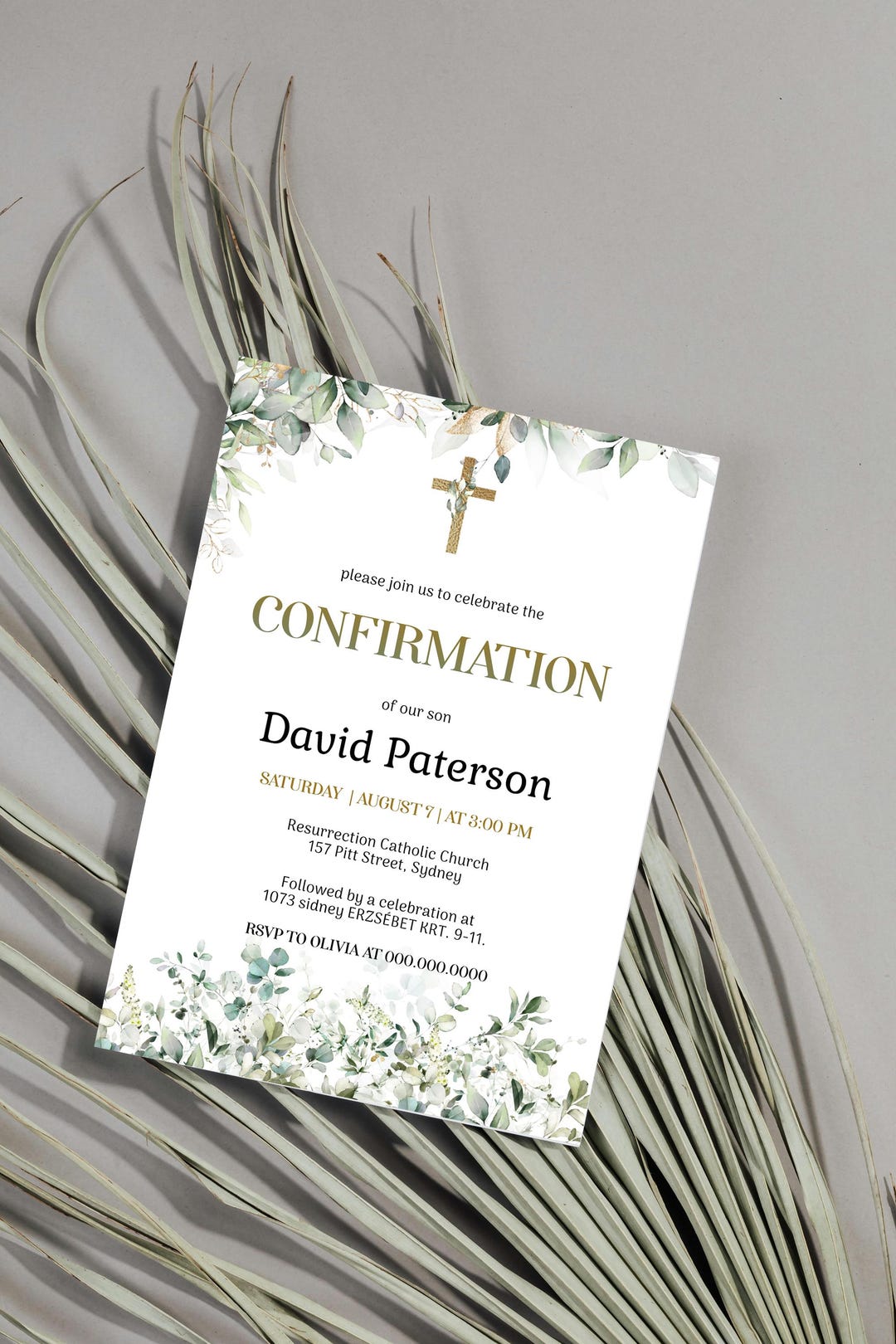Greenery Confirmation Invitation Template, Green Gold Invite, Editable ...
