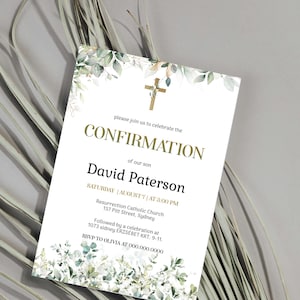 Greenery Confirmation Invitation Template, Green Gold Invite, Editable ...