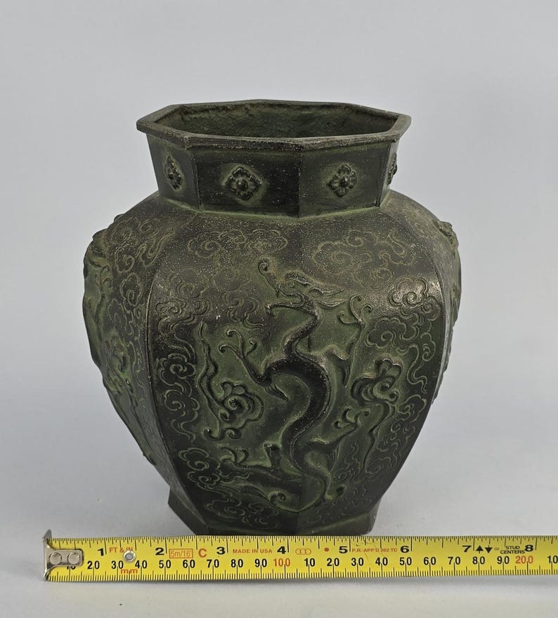 Vintage Japanese Bronze Signed Dragon Vase, Three Clawed Dragons Amid ...