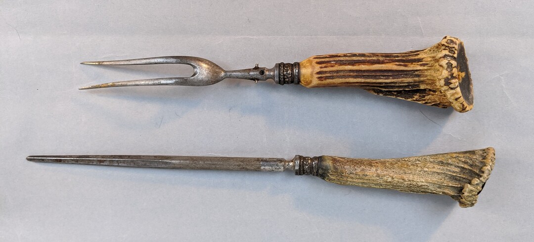Rustic Antique Victorian Edwardian Steel Meat Servers Antler Horn Bone ...