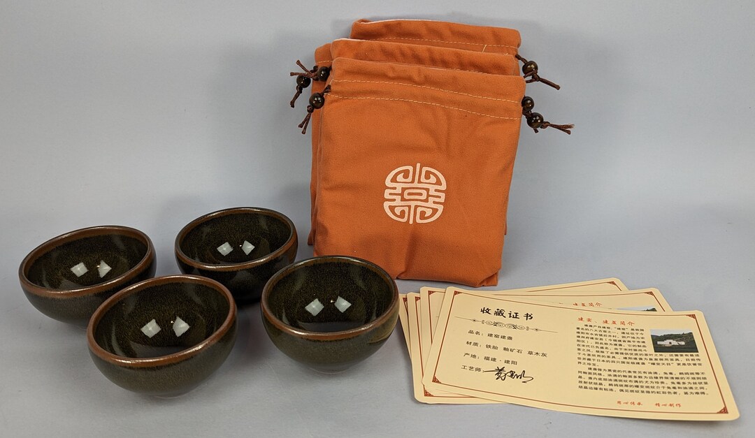 Four Temmoku Tenmoku Jian Zhan Ware Tea Cups, Olive Green Hare's Fur ...
