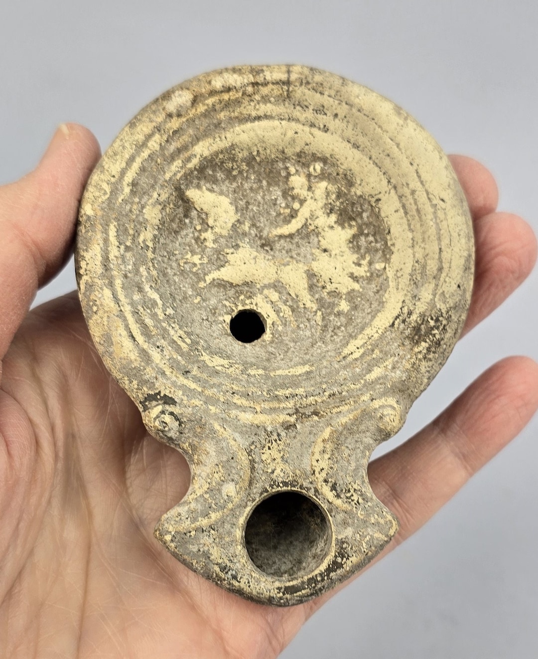 Hellenistic Greek Roman Molded Oil Lamp Volute Nozzle Discus Decoration ...