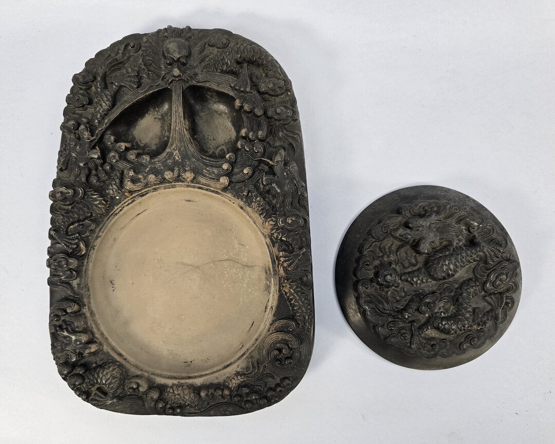 Chinese Republic Clay Five Dragons Inkstone Ink Stone 5 Clawed Qiu Jiu ...