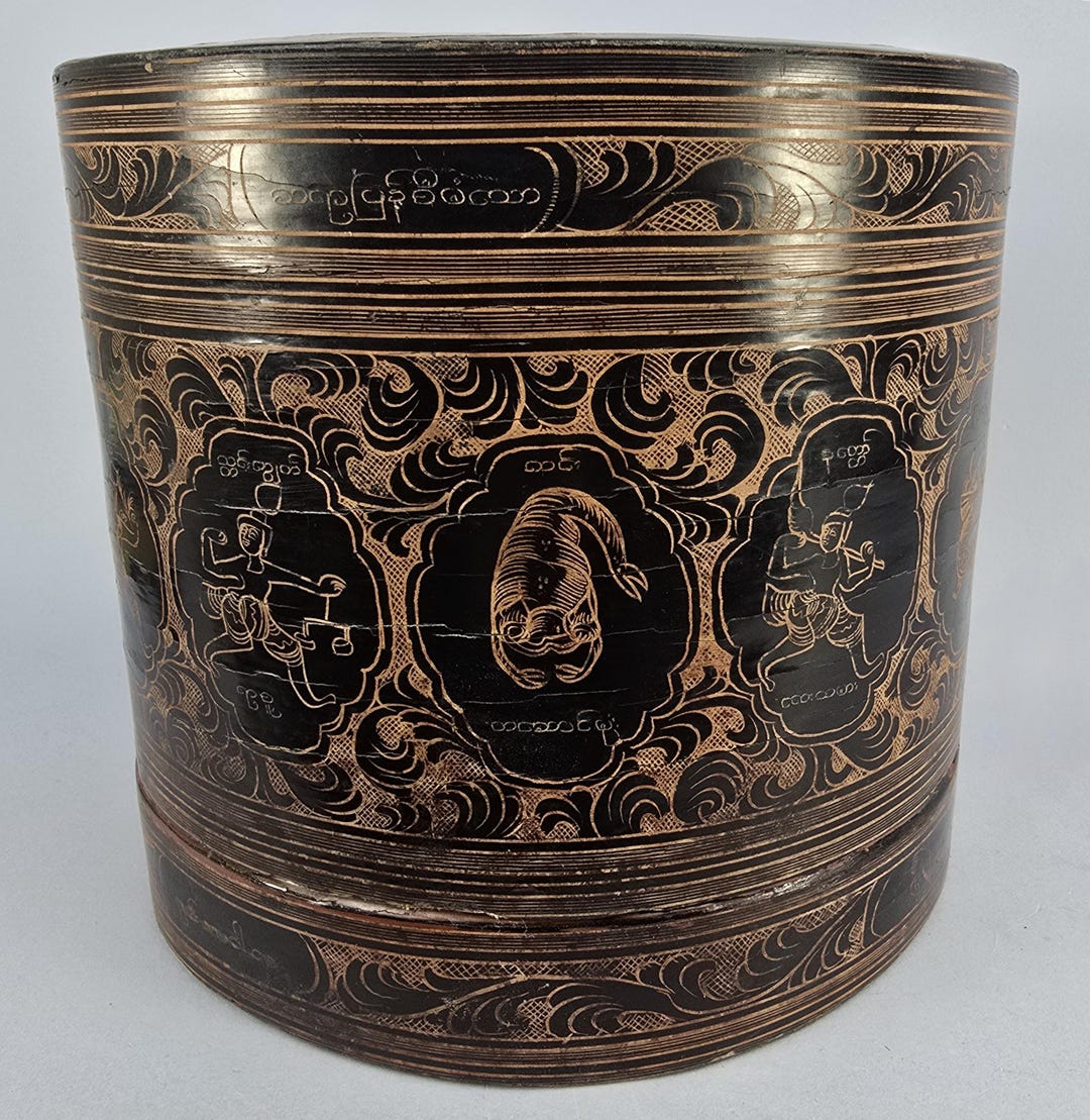 Antique Burmese Burma Lacquer Betel Box Three Sections, Detailed Red ...