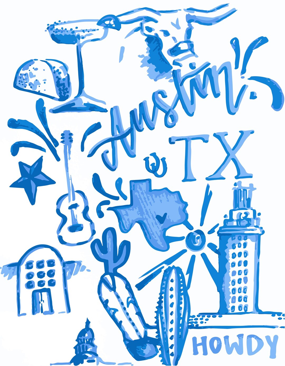 Printable Austin Art Print, Wall Decor, Custom Illustration, Blue Art ...