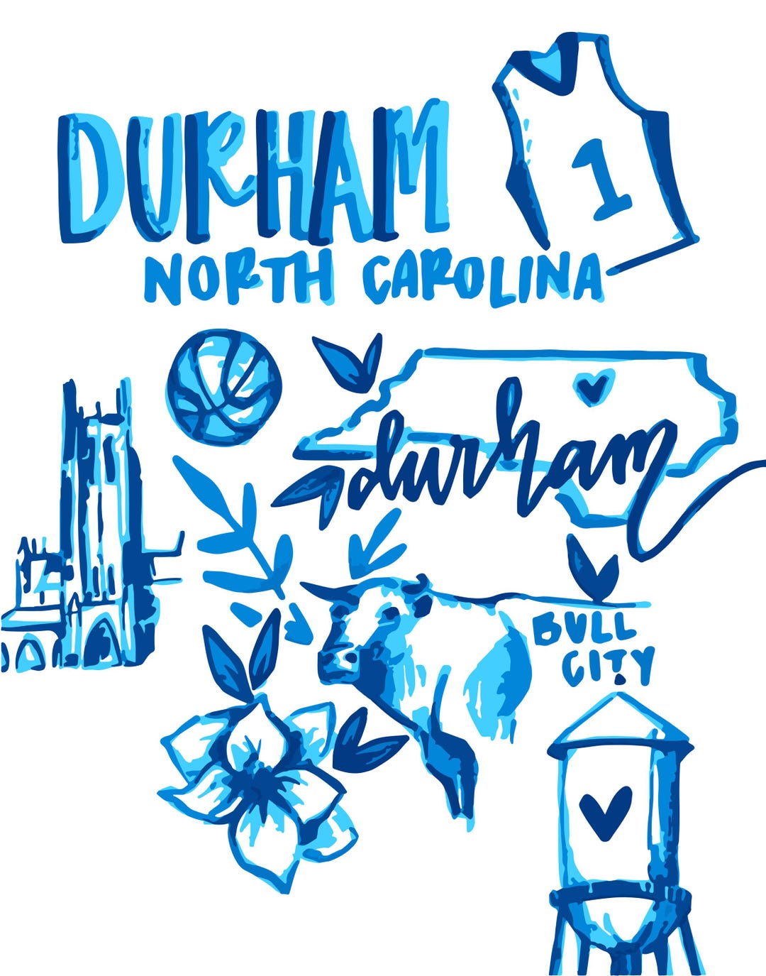 Printable Blue Durham NC Art Print, Wall Decor, Custom Illustration ...