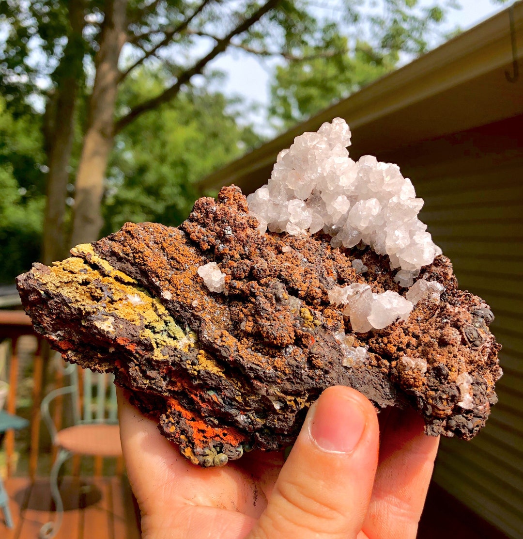 Clear Calcite Crystal Clusters on Goethite & Green Mimetite Matrix ...