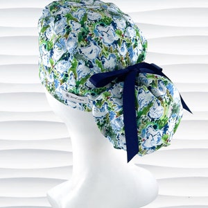Flowers Chickens Ponytail Scrub Cap for Women, Blue Green, Buttons ...