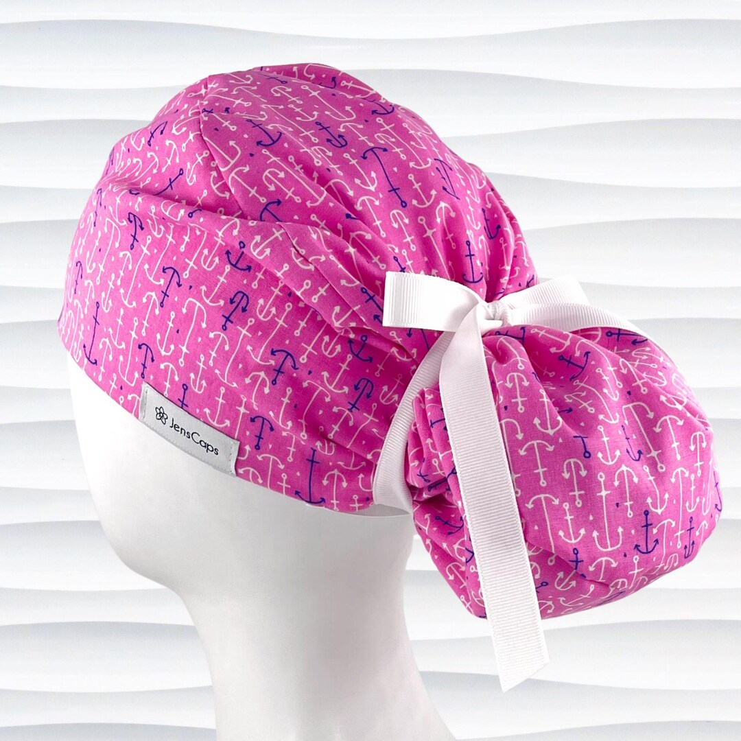 Anchors Euro Pony Scrub Cap, Hybrid Ponytail, Pink Purple White, Satin ...