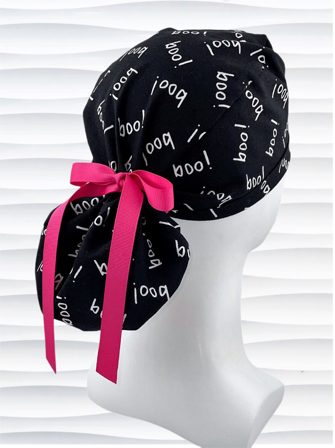 Halloween Boo! Ponytail Scrub Cap for Women, Black White, Satin Lining ...