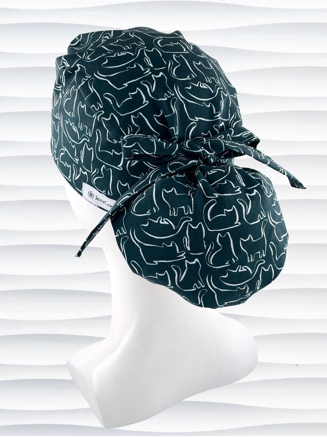 Silhouette Cats Ponytail Scrub Cap for Women, Teal White, Buttons ...