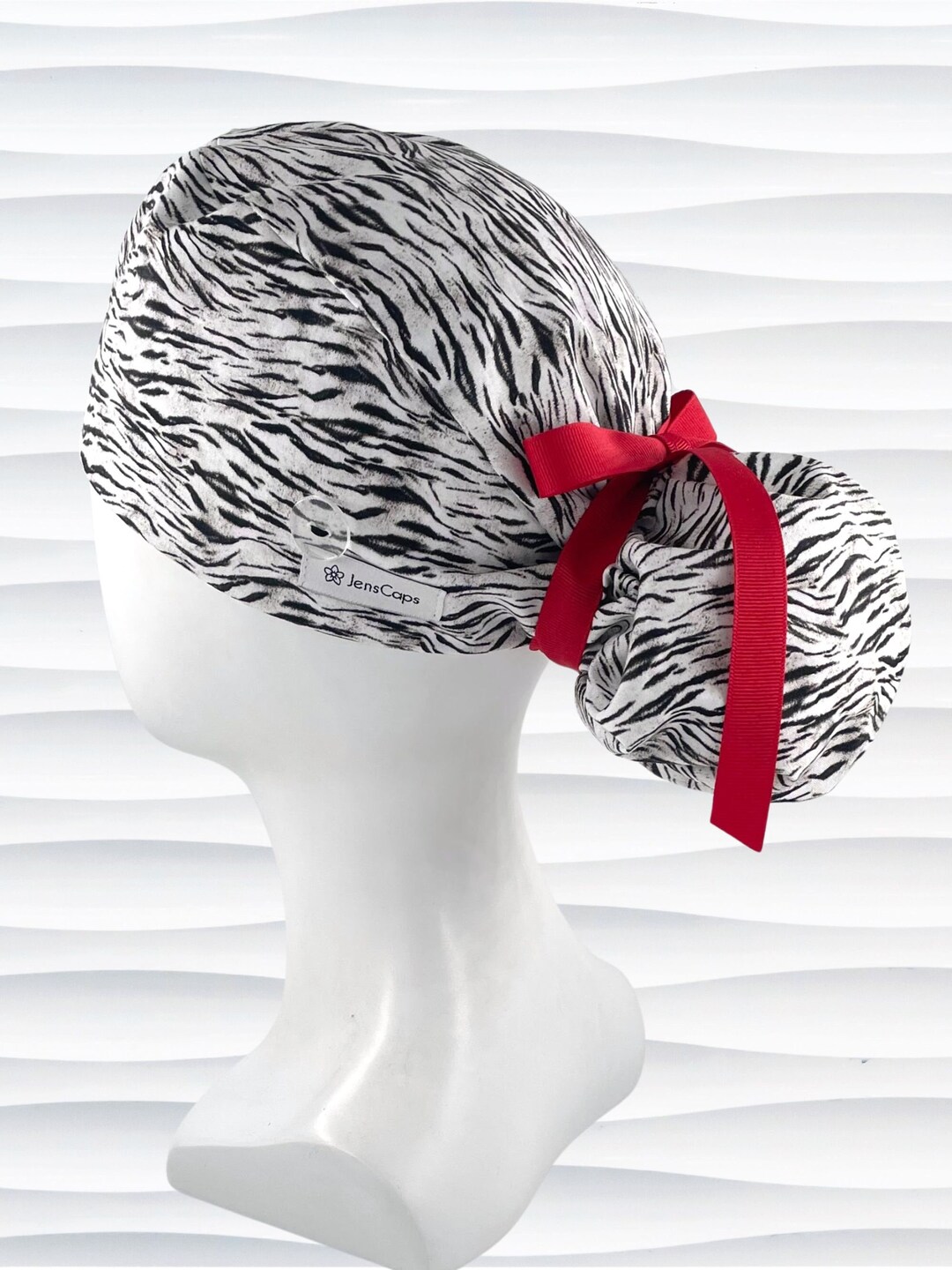 Animal Print Ponytail Scrub Cap Women Black White Zebra Stripes, Satin ...