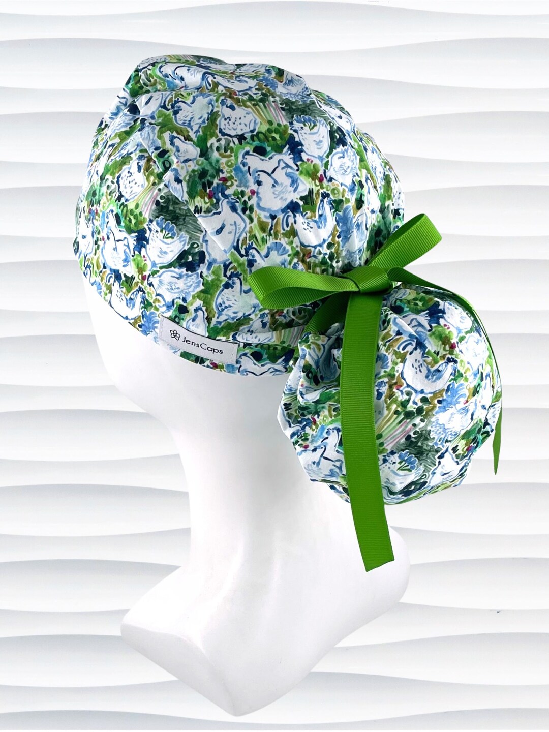 Flowers Chickens Ponytail Scrub Cap for Women, Blue Green, Buttons ...