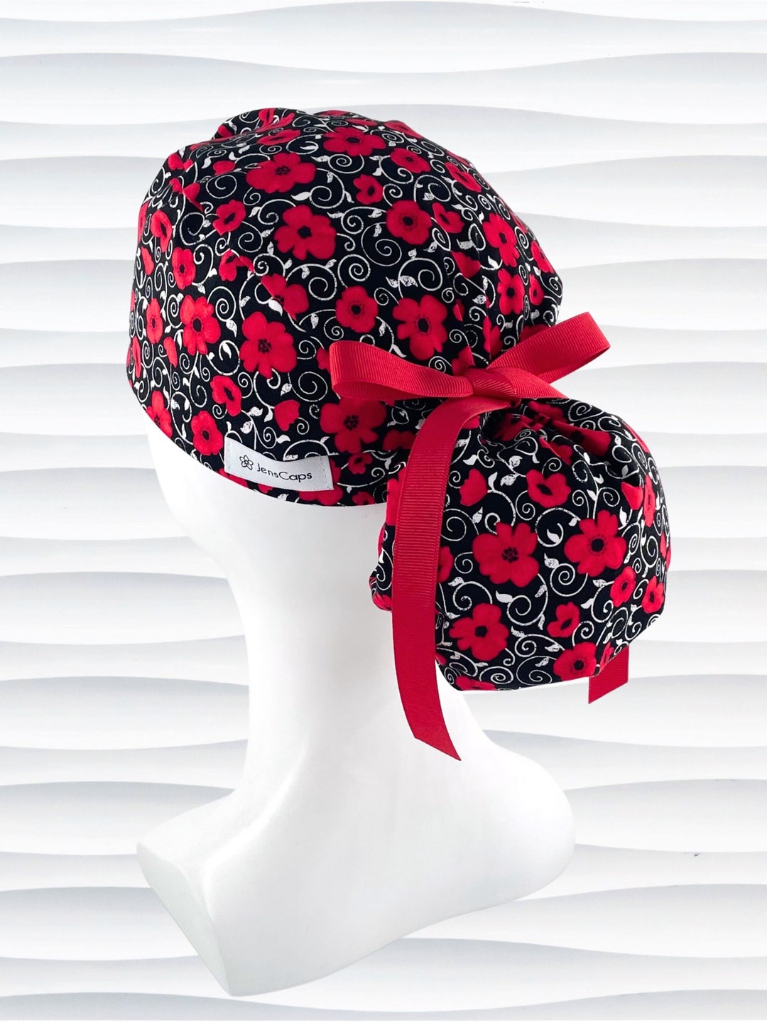 Floral Poppies Ponytail Scrub Cap for Women, Black Red, Buttons Option ...