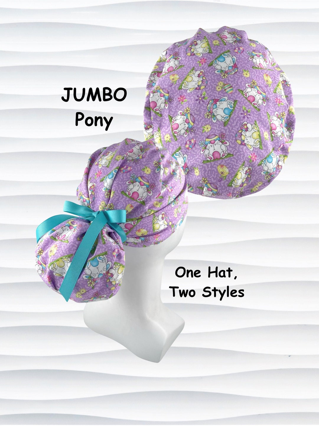 Easter Jumbo Pony Scrub Cap for Long Hair Locs Braids, Bunnies Eggs ...