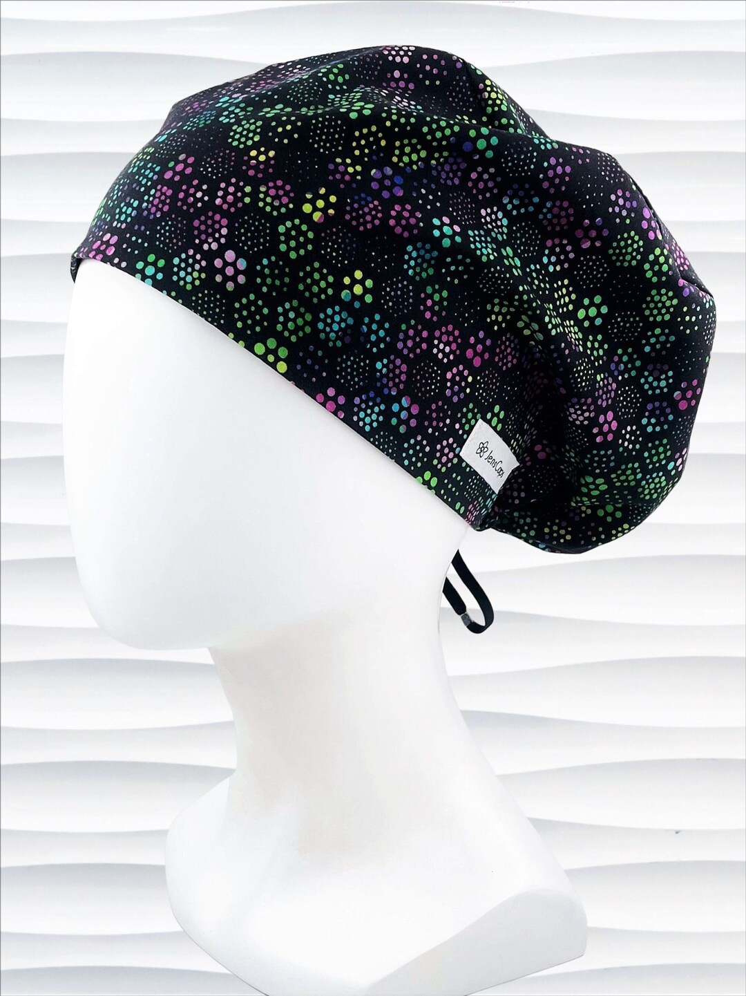 Floral Pixie Euro Hexagon Flowers Green Purple on Black Scrub Cap for ...