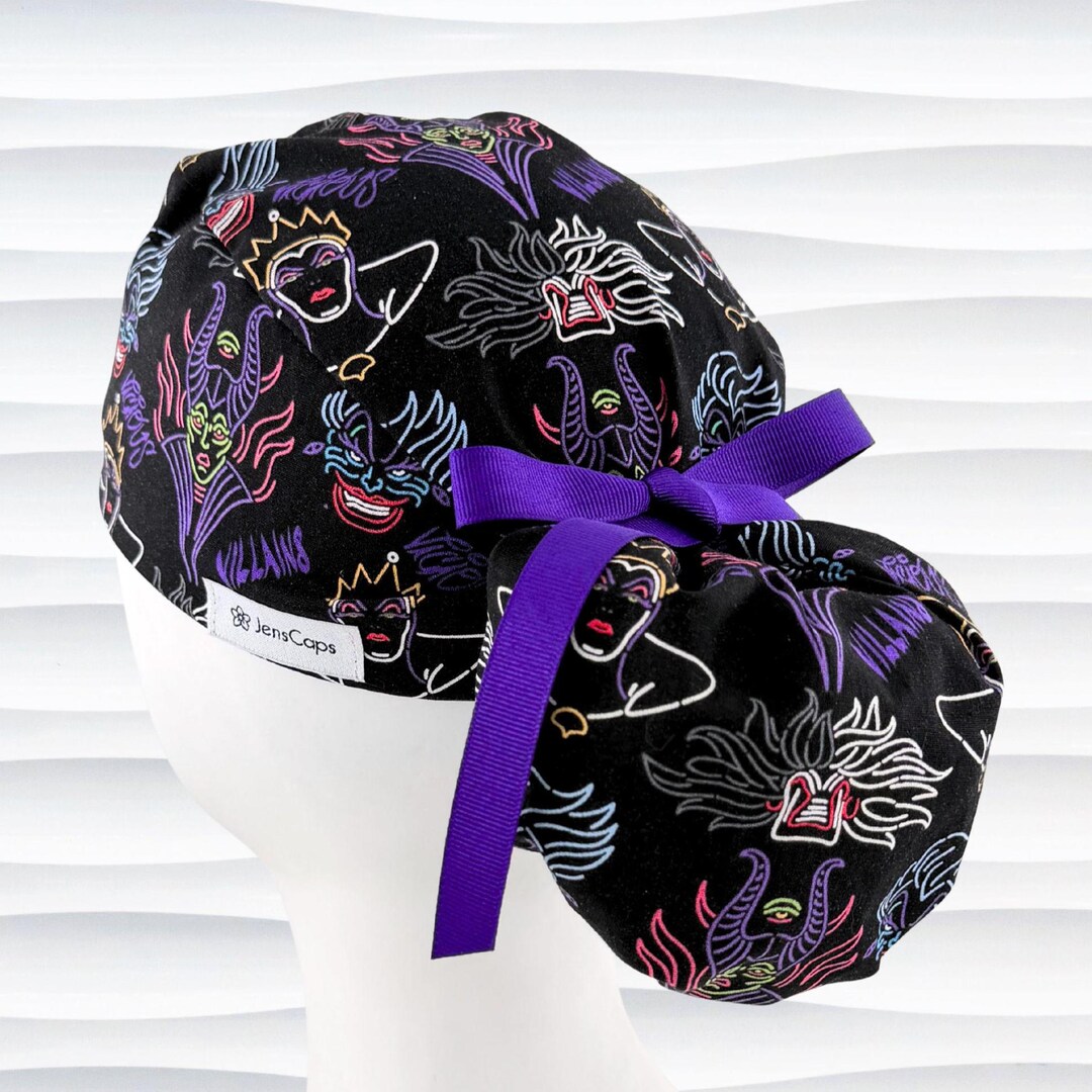 Villains Ponytail Scrub Cap, Neon, Nurse Surgical Hat, Optional Satin ...