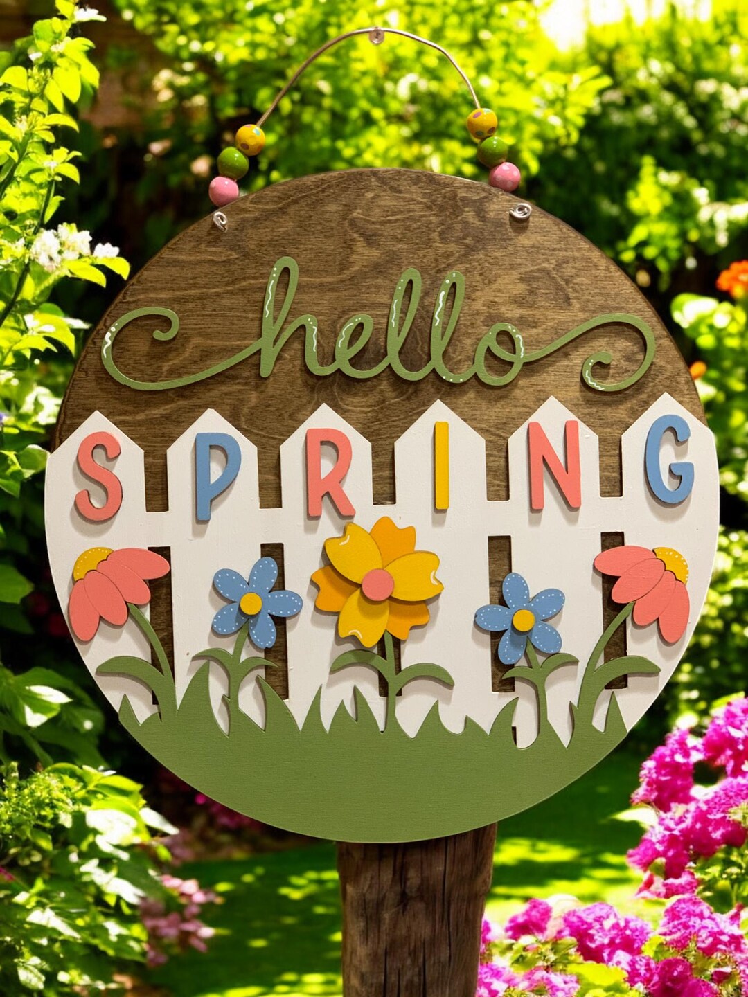 Hello Spring Floral Sign – Handmade 3D Wooden Door Hanger for Farmhouse ...