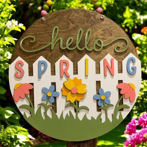 Hello Spring Floral Sign – Handmade 3D Wooden Door Hanger for Farmhouse ...