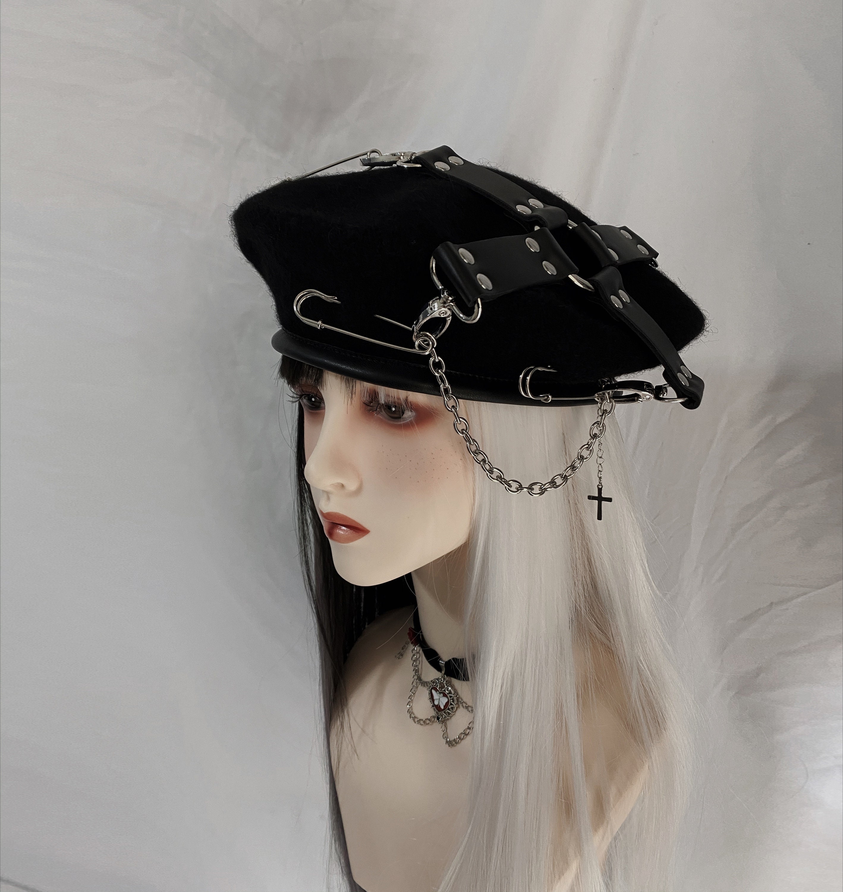 Punk Pu Cross Hat,pins Buckle Beret Hat ,winter Cap ,gothic Hat - Etsy
