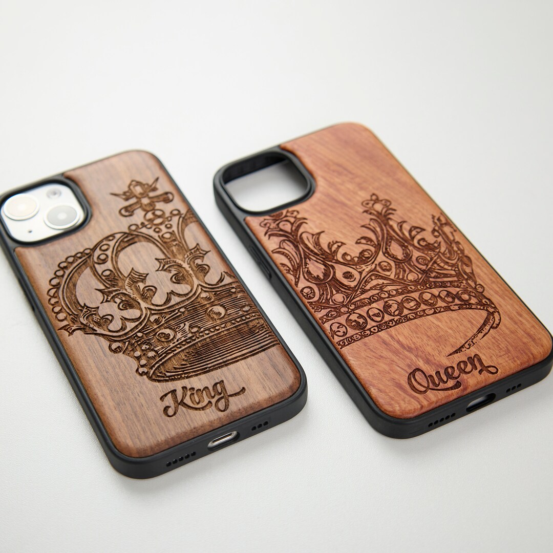 King Queen Crown Couple Wood Phone Case for iPhone 14, 14 Plus, 14 Pro ...