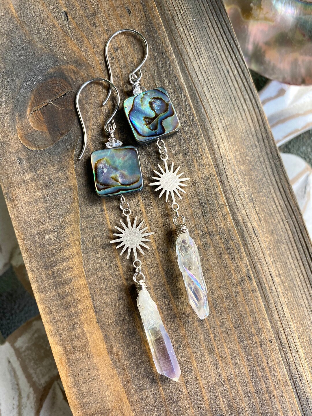 Abalone Quartz Earrings, Aura Crystal Earrings, Abalone Earrings ...