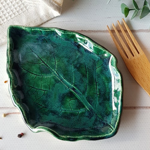Ceramic Leaf Spoon Rest Emerald Green Spoon Rest Pottery | Etsy
