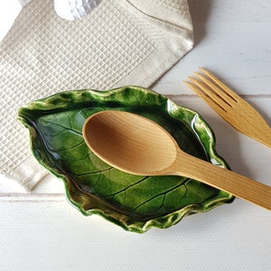 Ceramic Leaf Spoon Rest Handmade Kitchen Green Spoon Rest Pottery ...