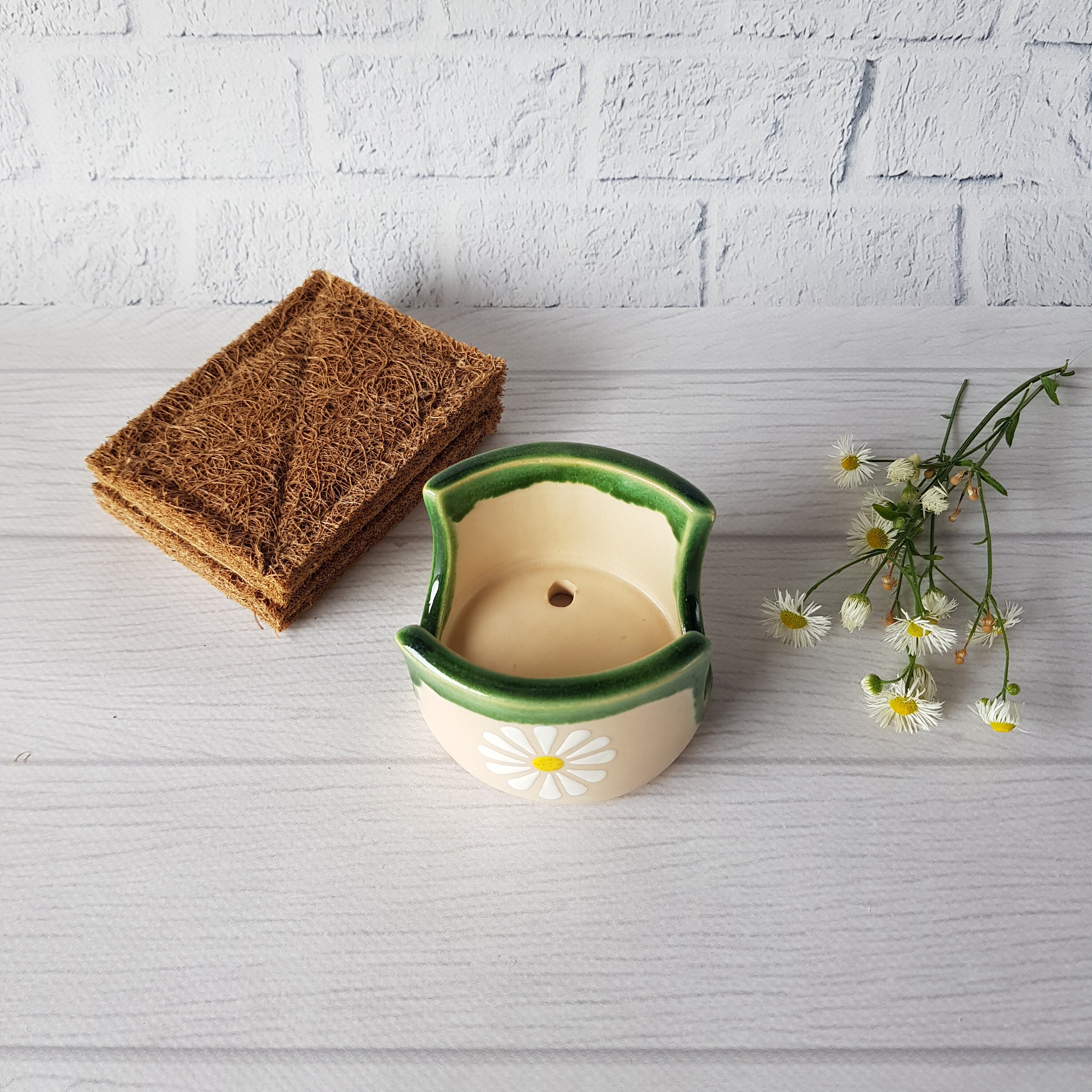 Handmade Ceramic Sponge Holder With Daisy for Kitchen Light Sponge Dish ...