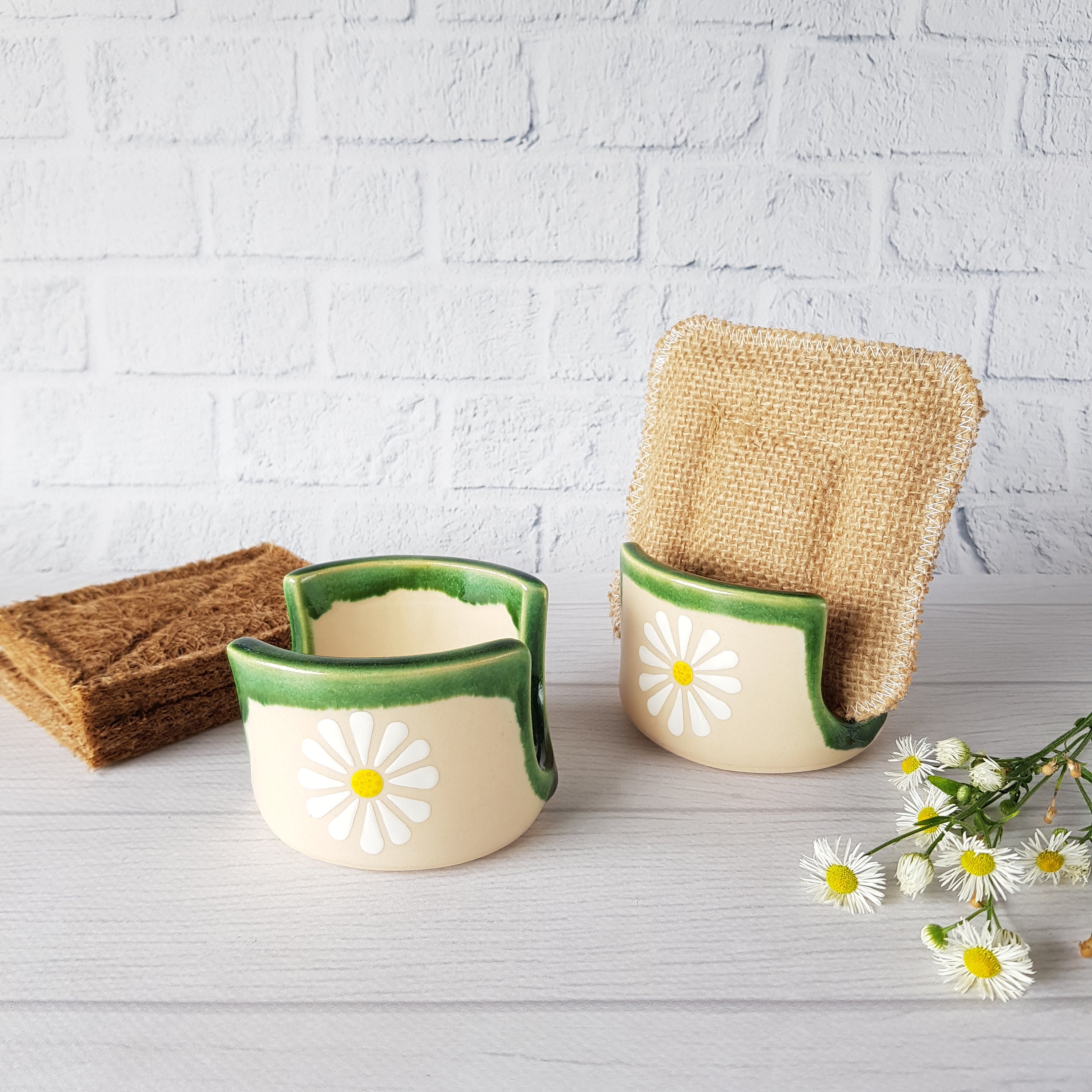 Handmade Ceramic Sponge Holder With Daisy for Kitchen Light Sponge Dish ...