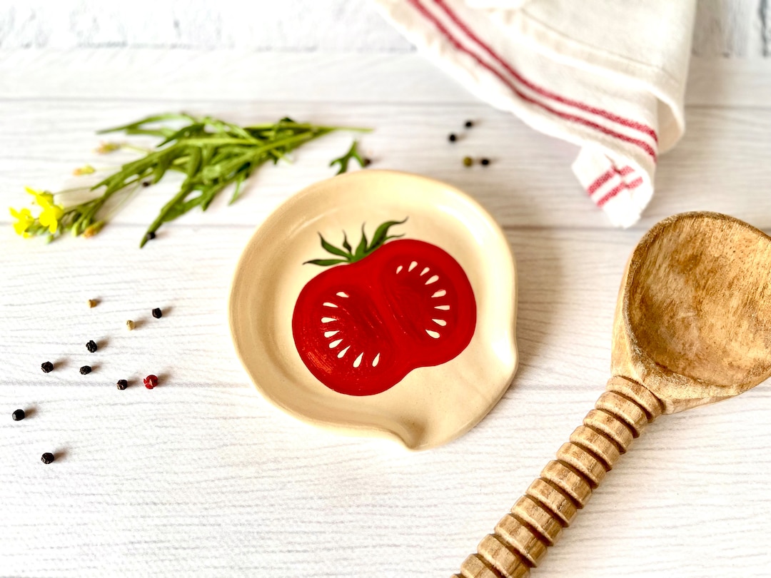 Red Tomato Spoon Holder Handmade for Table Ceramic Handpainted Sliced ...