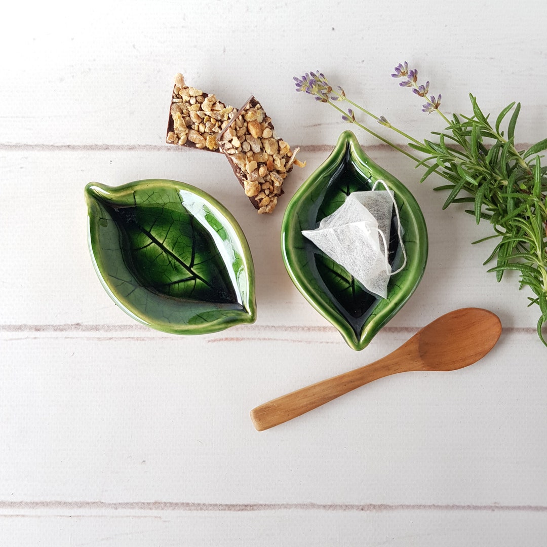 Ceramic Leaf Tea Bag and Spoon Rest Clay Mini Green Spoon Rest Handmade ...