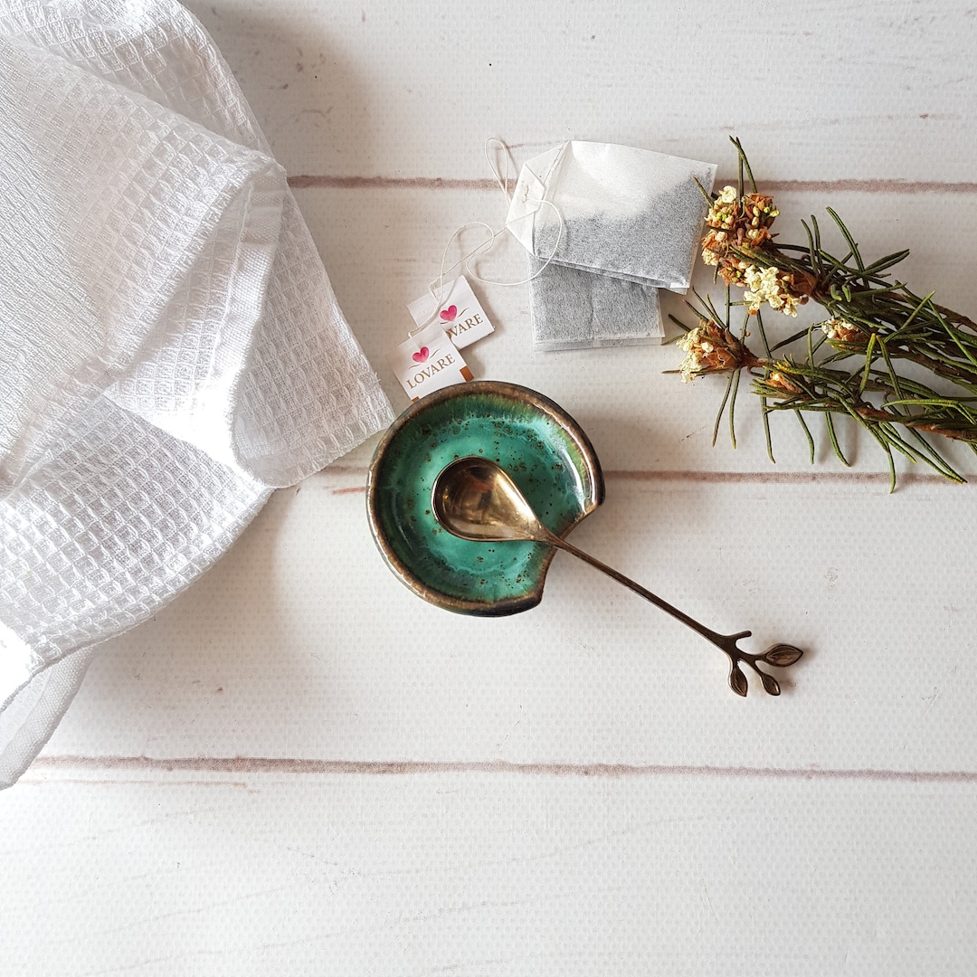 Ceramic Tea Bag and Spoon Rest Clay Mini Emerald Green Spoon Rest ...