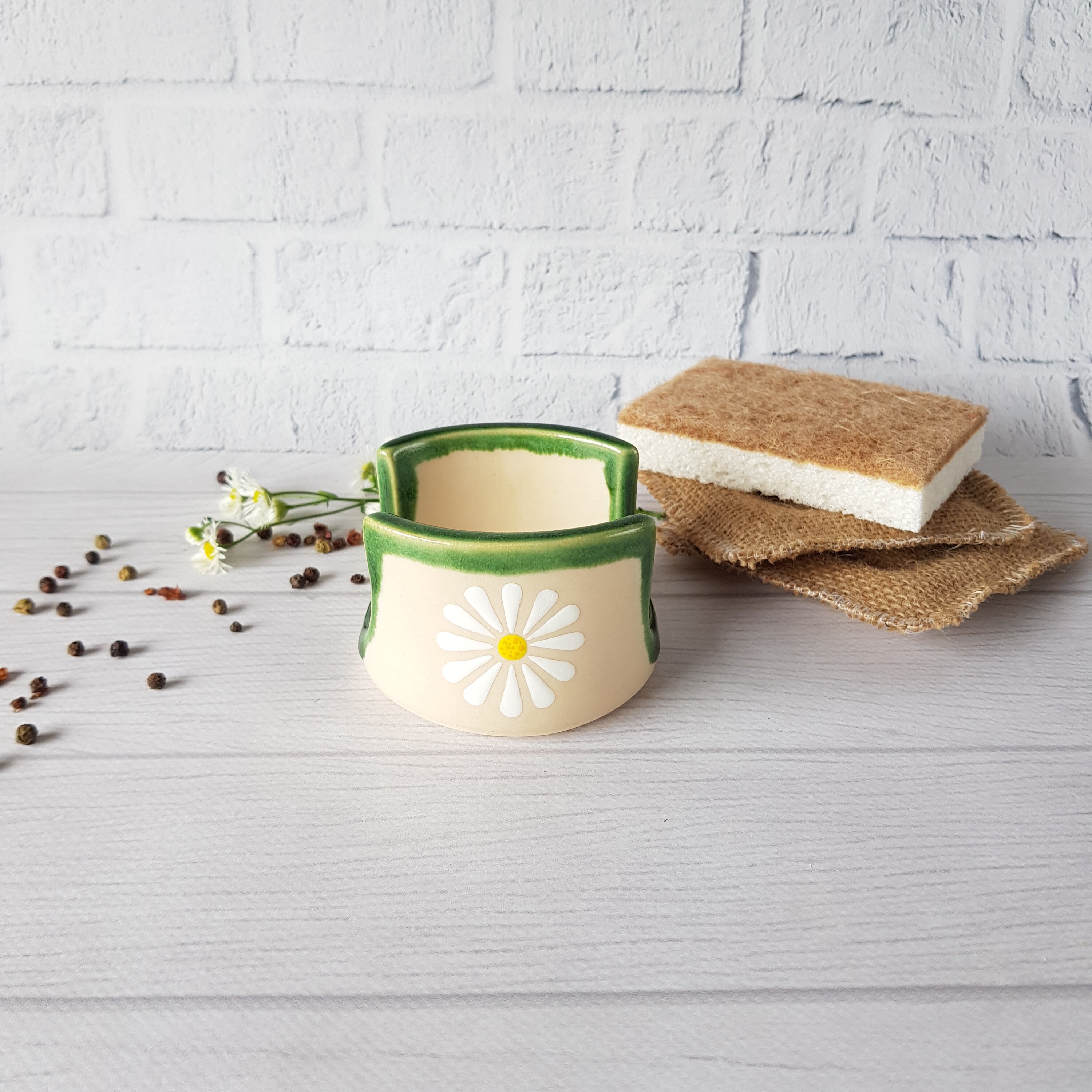 Handmade Ceramic Sponge Holder With Daisy for Kitchen Light Sponge Dish ...