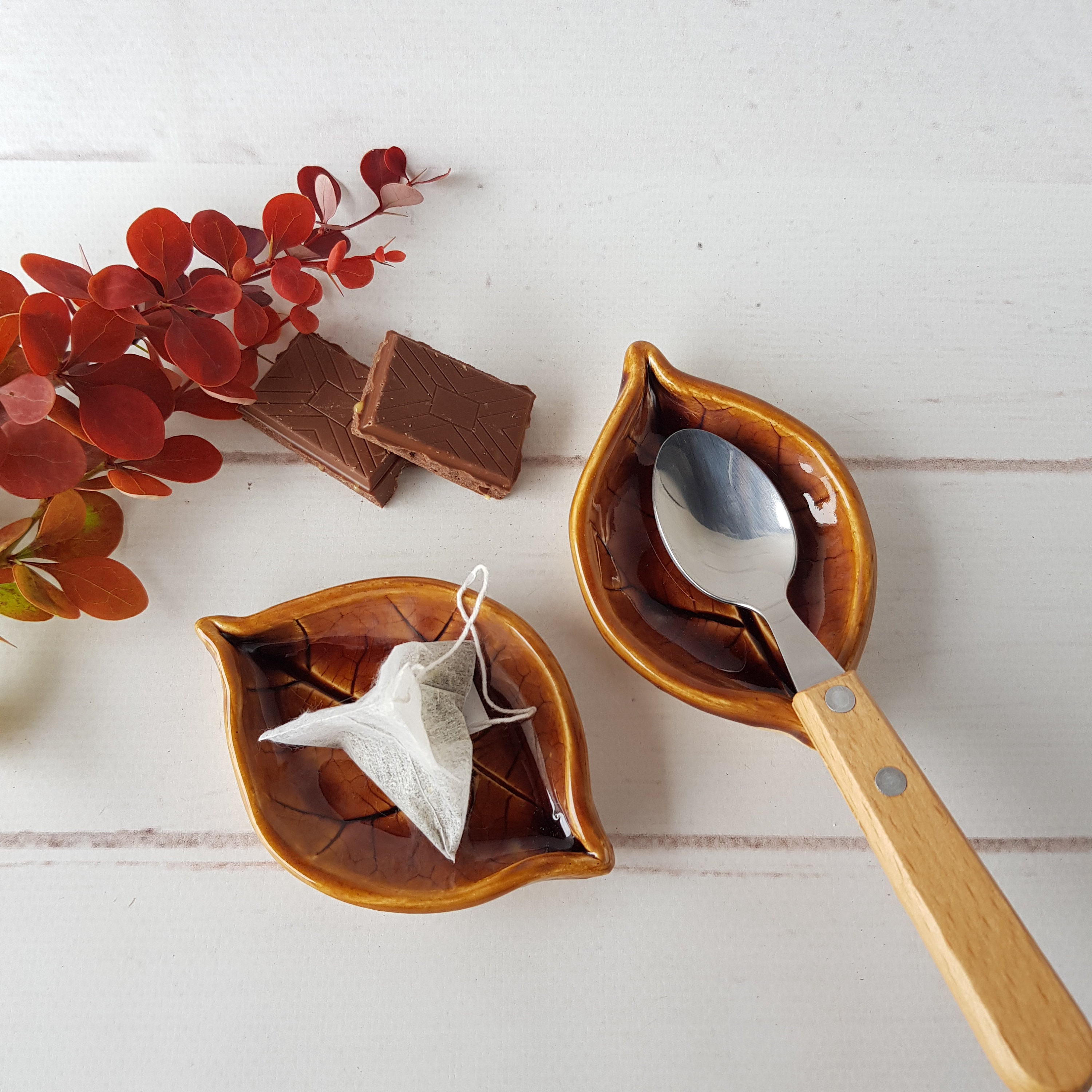 Ceramic leaf tea bag and spoon rest Clay mini brown spoon rest | Etsy