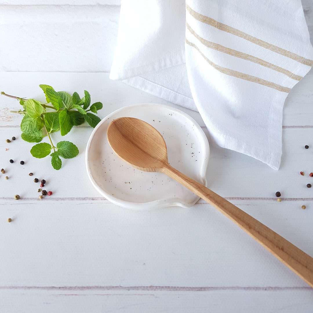 Speckled Ceramic Spoon Rest Pottery White Minimalistic Utensil Holder ...